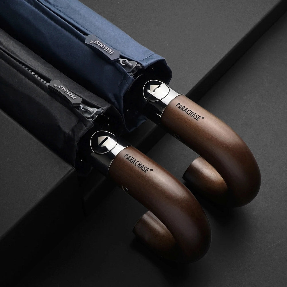 Automatic Folding Umbrella with Wooden Hook Handle