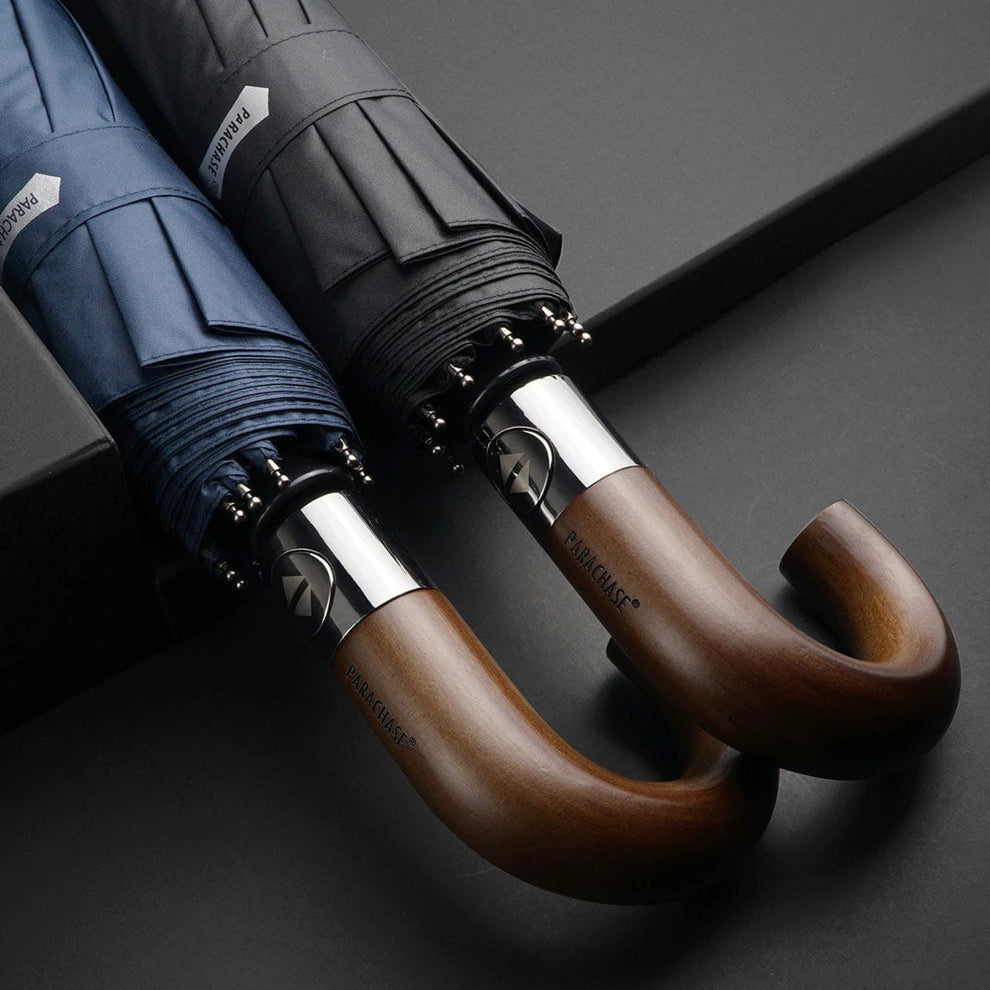 Automatic Folding Umbrella with Wooden Hook Handle