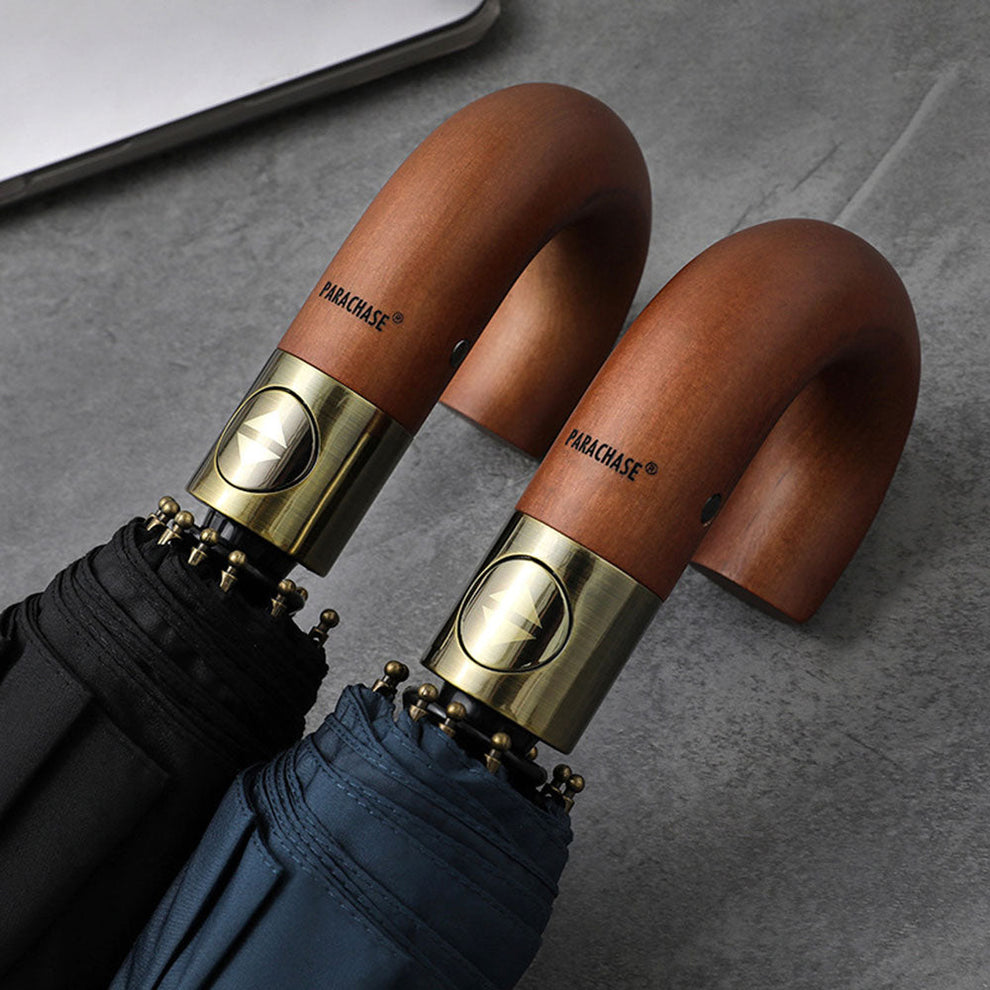 Foldable Automatic Umbrella with Elegant Wood Handle