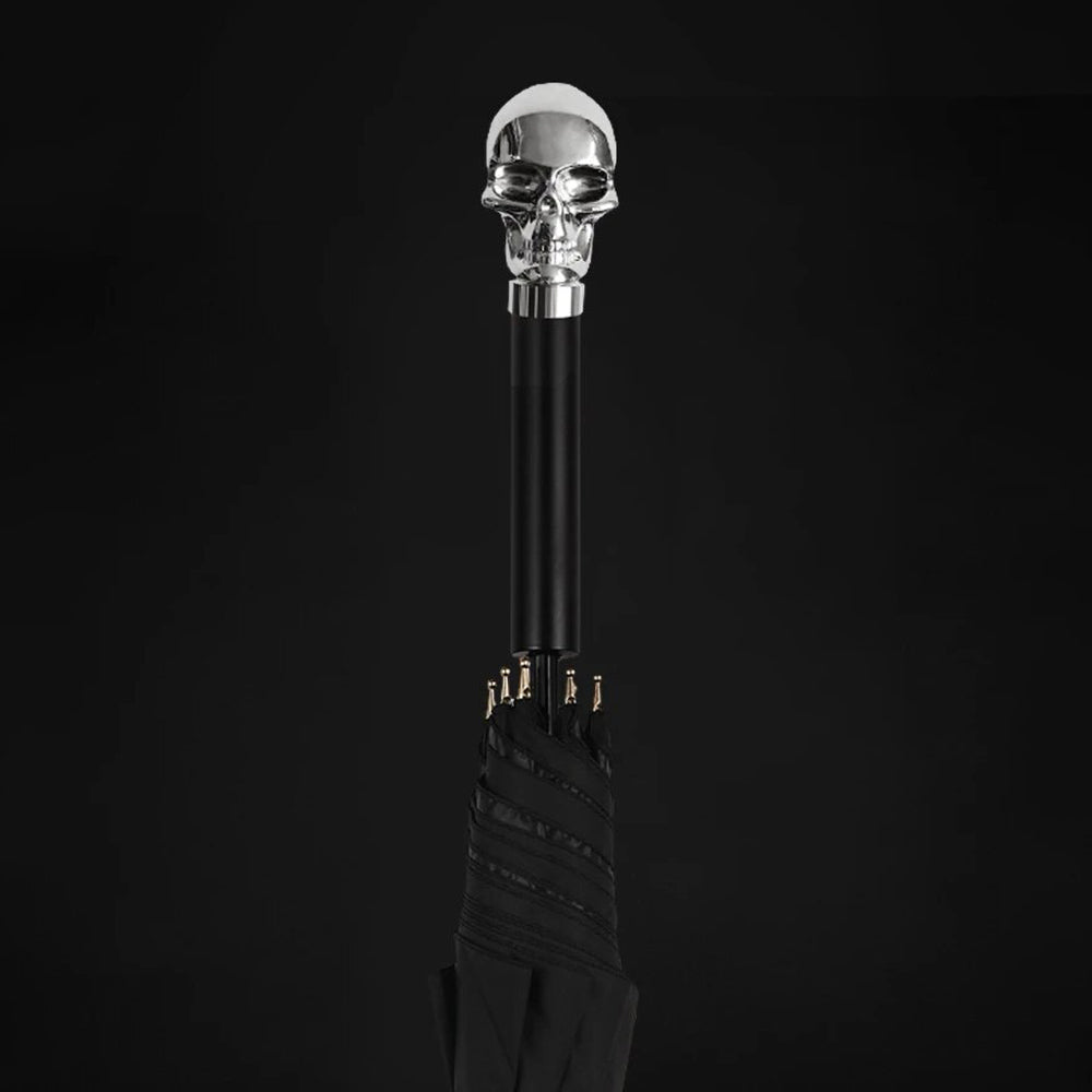 Silver Skull Umbrella - Luxury Long Handle Rain Parasol in Black